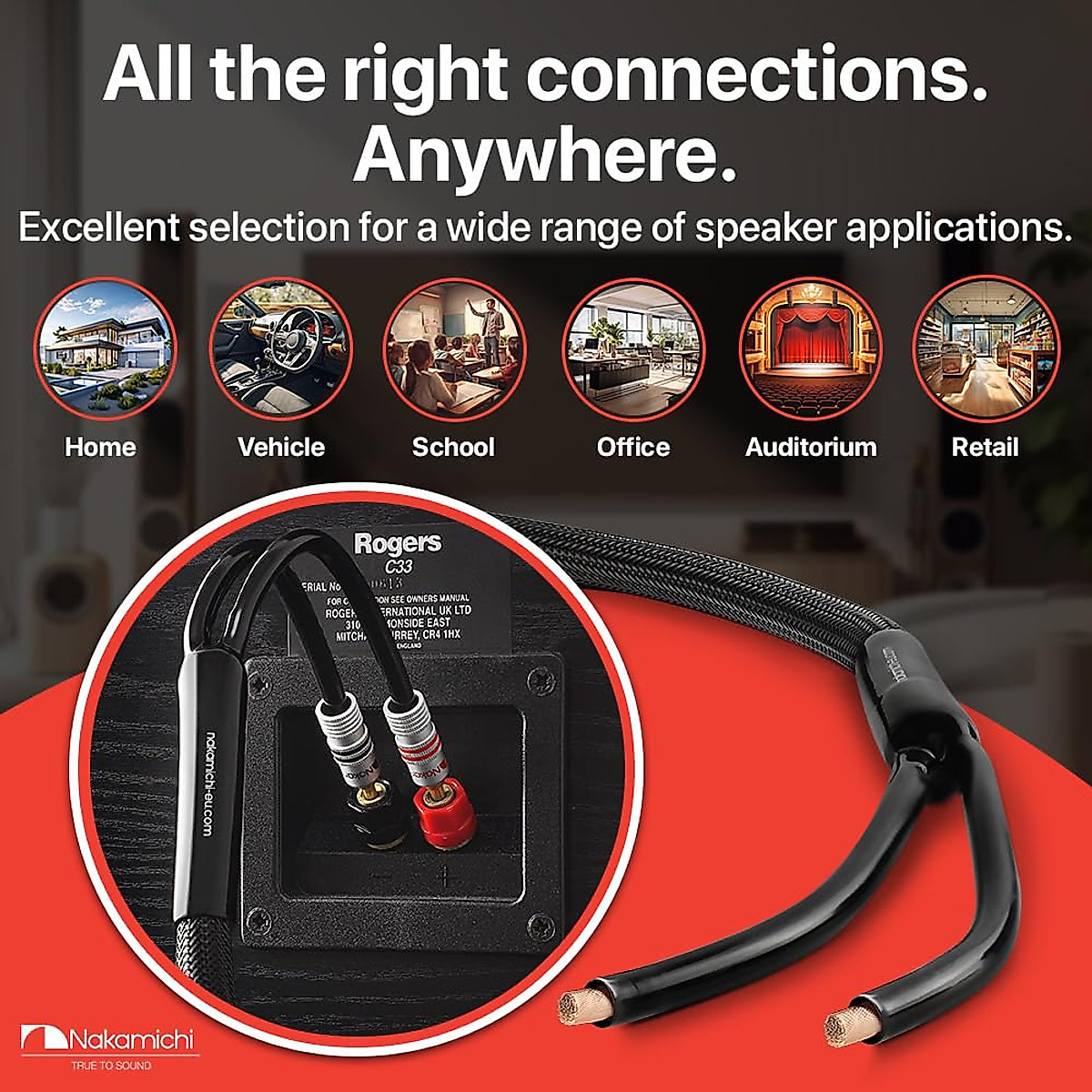 Nakamichi Excel Series 24k Gold Plated Banana Plug with (10 Feet) 12AWG Speaker Cable Wire 99.9% Oxygen-Free Copper (OFC) Heavy Duty Braided for Amplifier Hi-Fi Home Theatre - Black (10ft/3.0m)