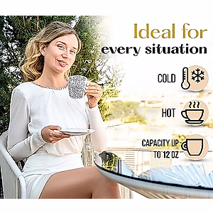 Monarca Set of 4 Mugs with Gold Tea Spoons, Ceramic with Real Gold Plated Handle, Aesthetic, Hand Painted 12 oz Elegance Colors Black, White and Gold