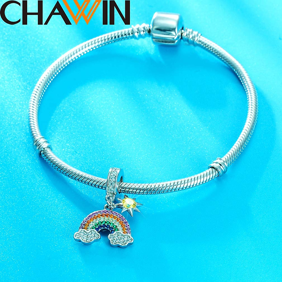 Meet the Rainbow After Rain Sunshine Cloud Rainbow Charm, Pendant Beads, 925 Sterling Silver Charms with Multicolor CZ Stones Compatible with Pandora Bracelet, Gifts for Women/Wife/Mother/Sister