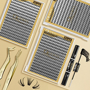QUEWEL Lash Clusters 320Pcs Cluster Lashes 40D D Curl Lash Clusters Mix9-16mm Individual Eyelashes Clusters Wispy DIY Eyelash Extension Thin Band Soft to Use at Home (40D D Mix9-16)