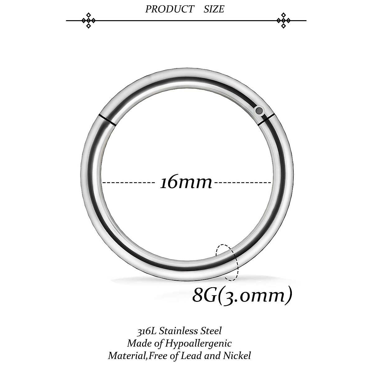 8G Earrings Hinged Segment Clicker PA Rings PA Rings Captive Bead Rings Septum Nose Rings Dangle Spring Action CBR Surgical Steel Monster Screwball Rings Body Piercing Rings for Women Men Silver