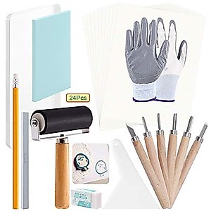 Keadic 24 Pieces Rubber Block Stamps Carving Starter Tool Kit, Comes with Stamp Block, Ink Roller, 6 Carving Tools, Tracing Papers, Pencil & Ink Mixing Tray for Stamp Carving and Printmaking