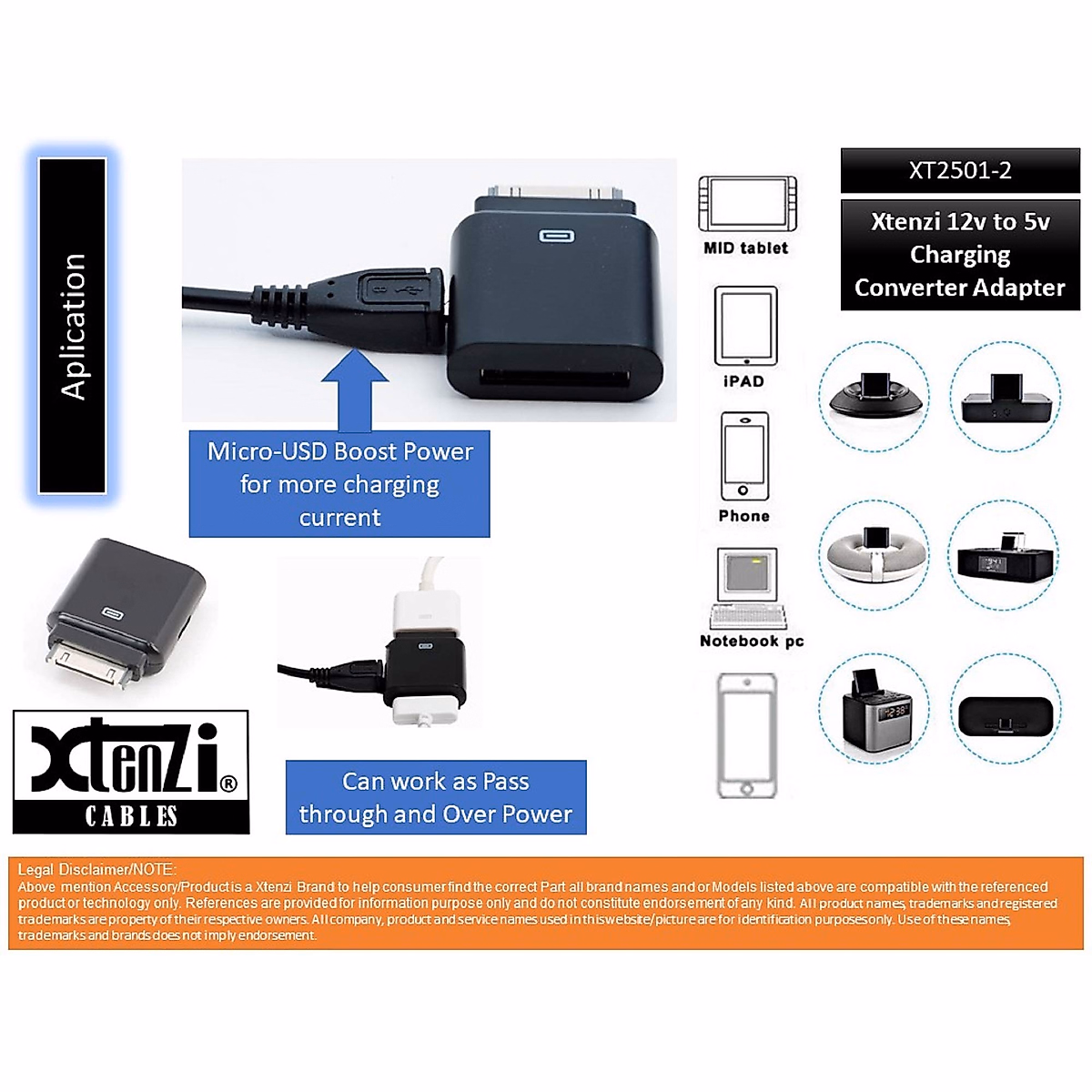 Xtenzi Charging Converter 30 Pin Pass Through Adapter XT12V5 Compatible with iPod iPhone iPad Car Vehicle