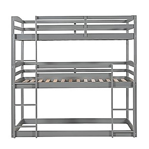 BOVZA Twin Over Twin Over Twin Bunk Bed, Wooden Triple Bunk Bed with Guardrails and Ladders, for Kids and Teens, Gray