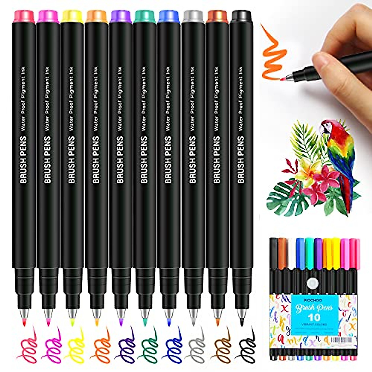 Piochoo Calligraphy Pens,10 Refill Colors Brush Markers Hand Lettering Pens for Beginners, Hand Writing, Drawing, Sketching, Journaling, Illustrations