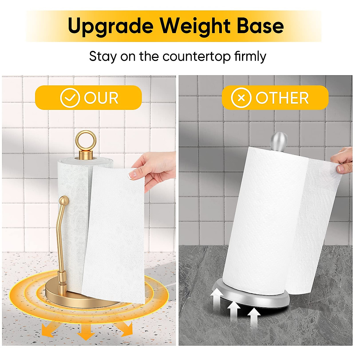 Paper Towel Holder Stainless Steel - One Hand Tear Paper Towel Dispenser Standing Weighted Base Non Slip, Spring Arm, Stainless Steel Paper Towel fits in Kitchen Bathroom Countertop (Gold)