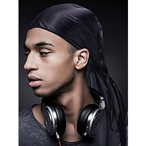 SATINIOR 8 Pieces Silky Durag Caps Elastic Wave Cap Long Tail Headwraps Wide Straps Waves (Red, Grey, Black, Royal Blue), Large