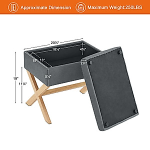 Furniliving Linen Storage Ottoman Square Ottoman Button-Tufted Foot Stool with Wooden X Legs, Modern Footrest Rectangle Vanity Stool, Makeup Stool for Living Room, Bedroom (Grey)