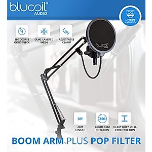 blucoil Audio Technica AT2035 Cardioid Condenser Microphone Perfect for Studio, Podcasting & Streaming, XLR Output Bundle Boom Arm Plus Pop Filter, and 2-Pack of 10-FT Balanced XLR Cables
