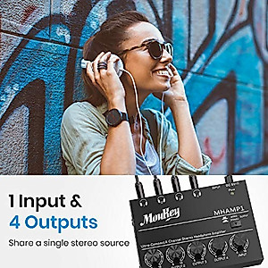 Moukey Headphone Amp Amplifier 4 Channels Metal Stereo Audio Amplifier,Mini Headphone amplifier portable - 4x Quarter Inch Balanced TRS Headphone Output and TRS Audio Input, DC5V Power Supply-MHAMP1
