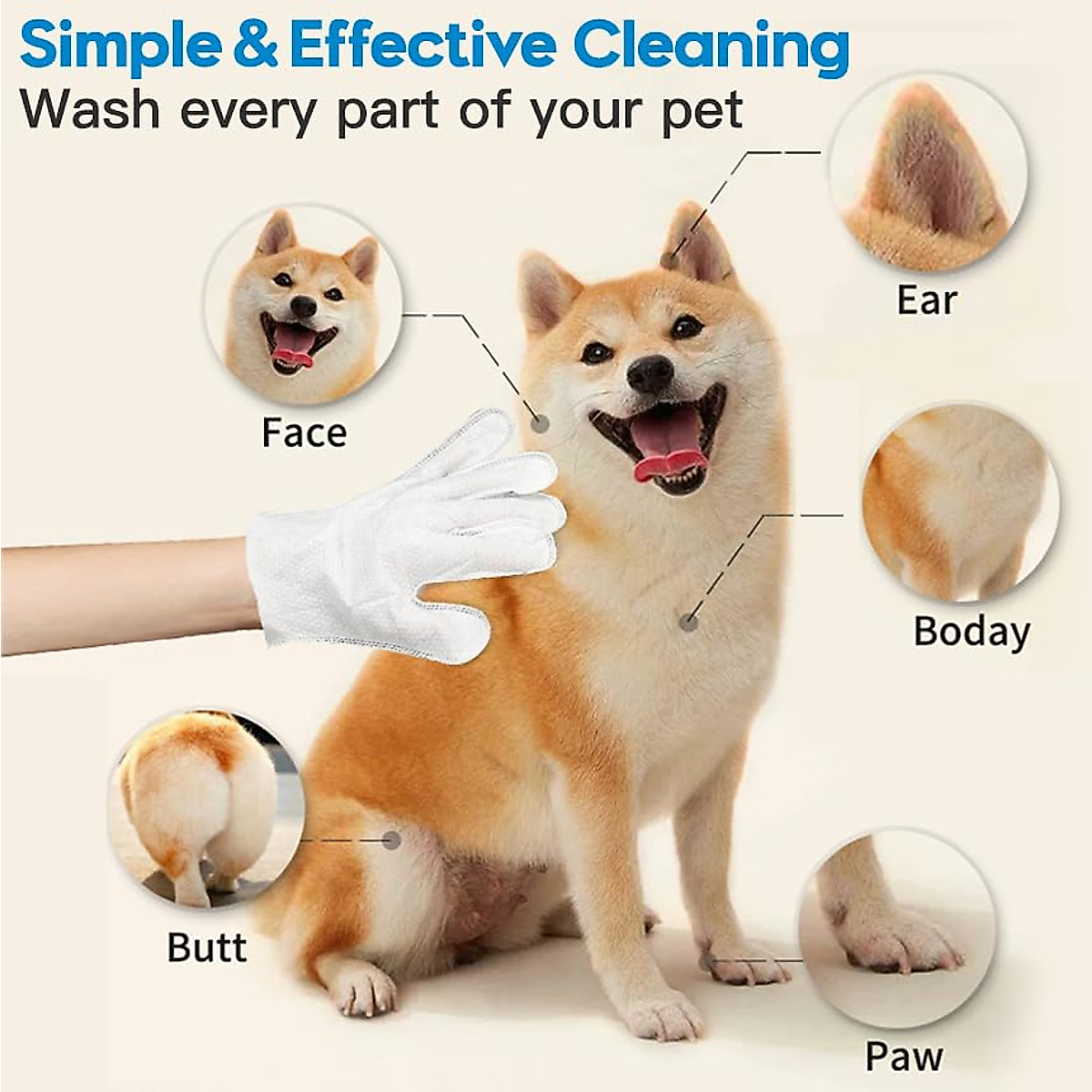 Herb Life Cleaning Glove for Dog and Cat, Wipes Gloves for Dog and Cat Fur Face, Ear, Eye, Paws Cleaning Wipes Pet Wash Free Gloves, Grooming Wipes for Pet No Rinse Thick Dog Wipes Gloves(6 Pcs)