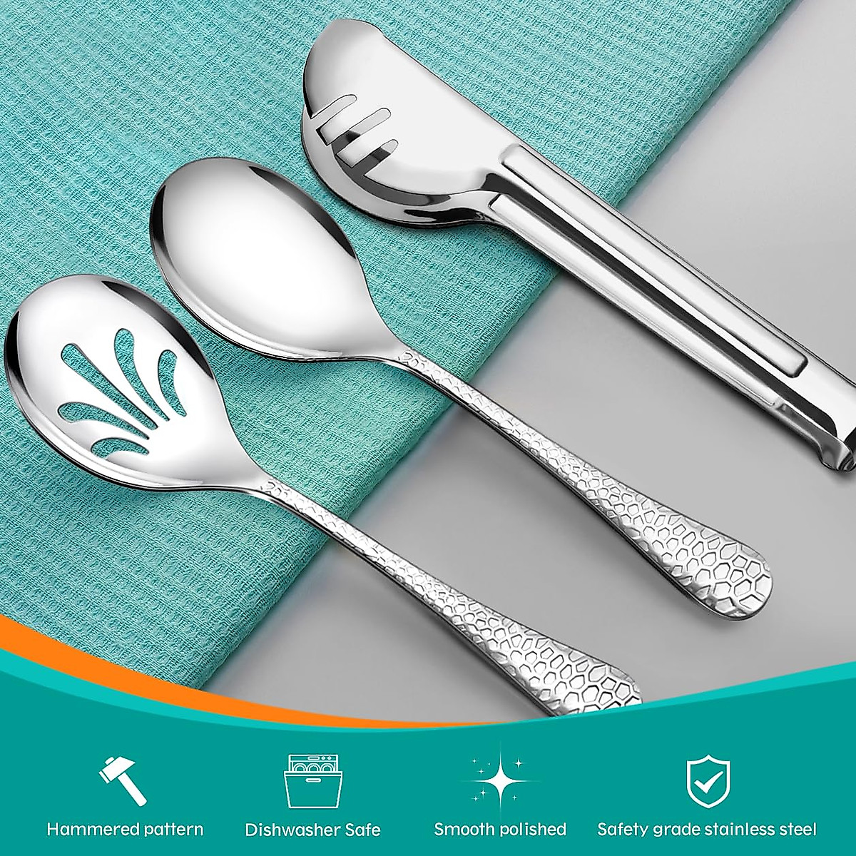 Teivio Hammered Stainless Steel Metal Serving Utensils Set of 18, 10" Serving Spoons, 10" Slotted Spoons, 9" Serving Tongs, Large Hostess Serving Set for Parties Chafing Dish Buffet Catering (Silver)