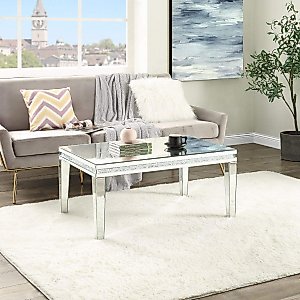 MIREO Coffee Table Mirrored with Crystal Inlay Surface, Rectangle Silver Accent Table, Modern Design Luxury Contemporary Furniture, Partially Assembled for Living Room from Furniture (Mireo-01)