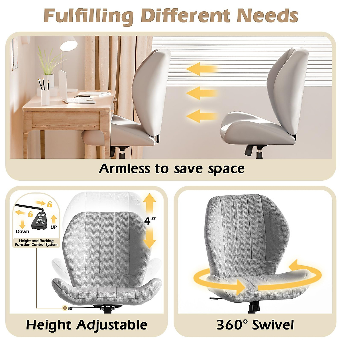 ZZW Cross Legged Chair Armless Office Chair with Wheels Wide Desk Chair with Tall Back Comfy Vanity Chair with Stress Relief Curved Design Seat Criss Cross Chair for Bedroom & Office & Home (Gray)