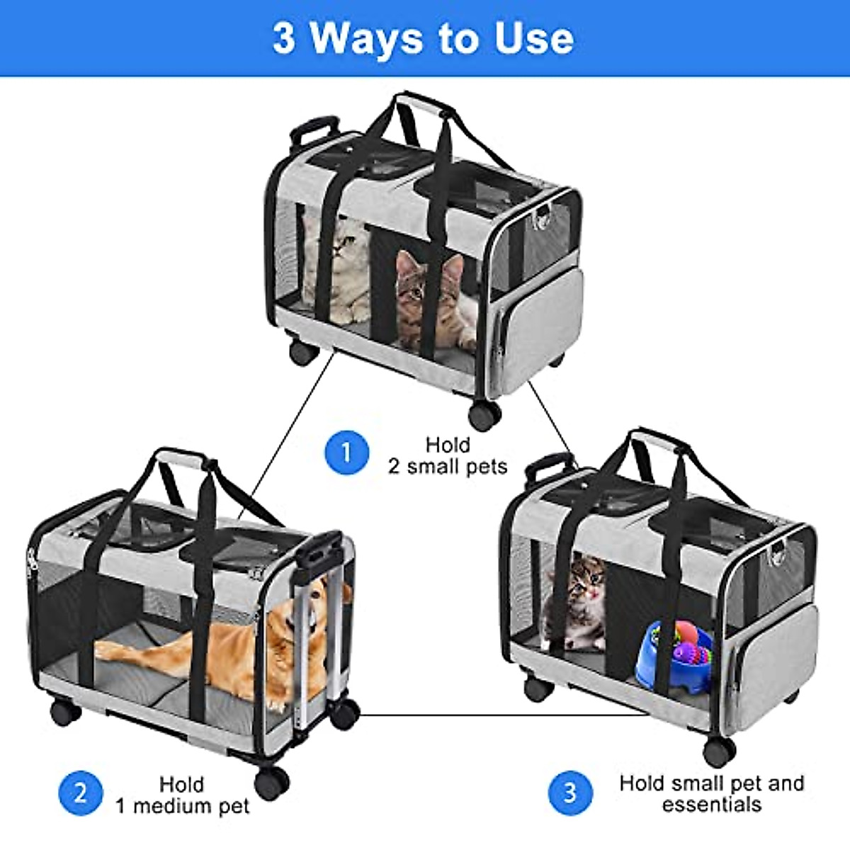 VOISTINO Double Compartment Pet Carrier with Detachable Wheels for Cat/Dog, Rolling Carrier for 2 Small Cats/Dogs, Super Ventilated Design, Ideal for Traveling/Walking/Camping