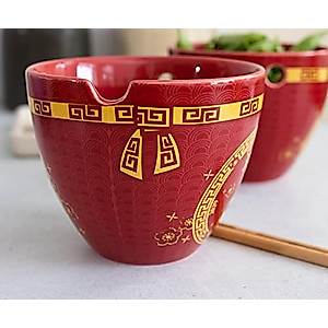 Boom Trendz Year Of The Ox Chinese Zodiac Ceramic Dinnerware Set | Includes 16-Ounce Ramen Noodle Bowl and Wooden Chopsticks Asian Food Dish For Home & Kitchen Kawaii Lunar New Gifts red One Size
