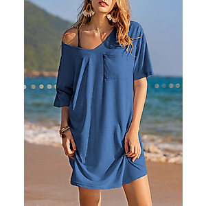 Ekouaer Womens Tshirt Nightgown Cotton V Neck Sleepshirts Comfy Casual Nightshirt for Women, Peacock Blue, XX-Large