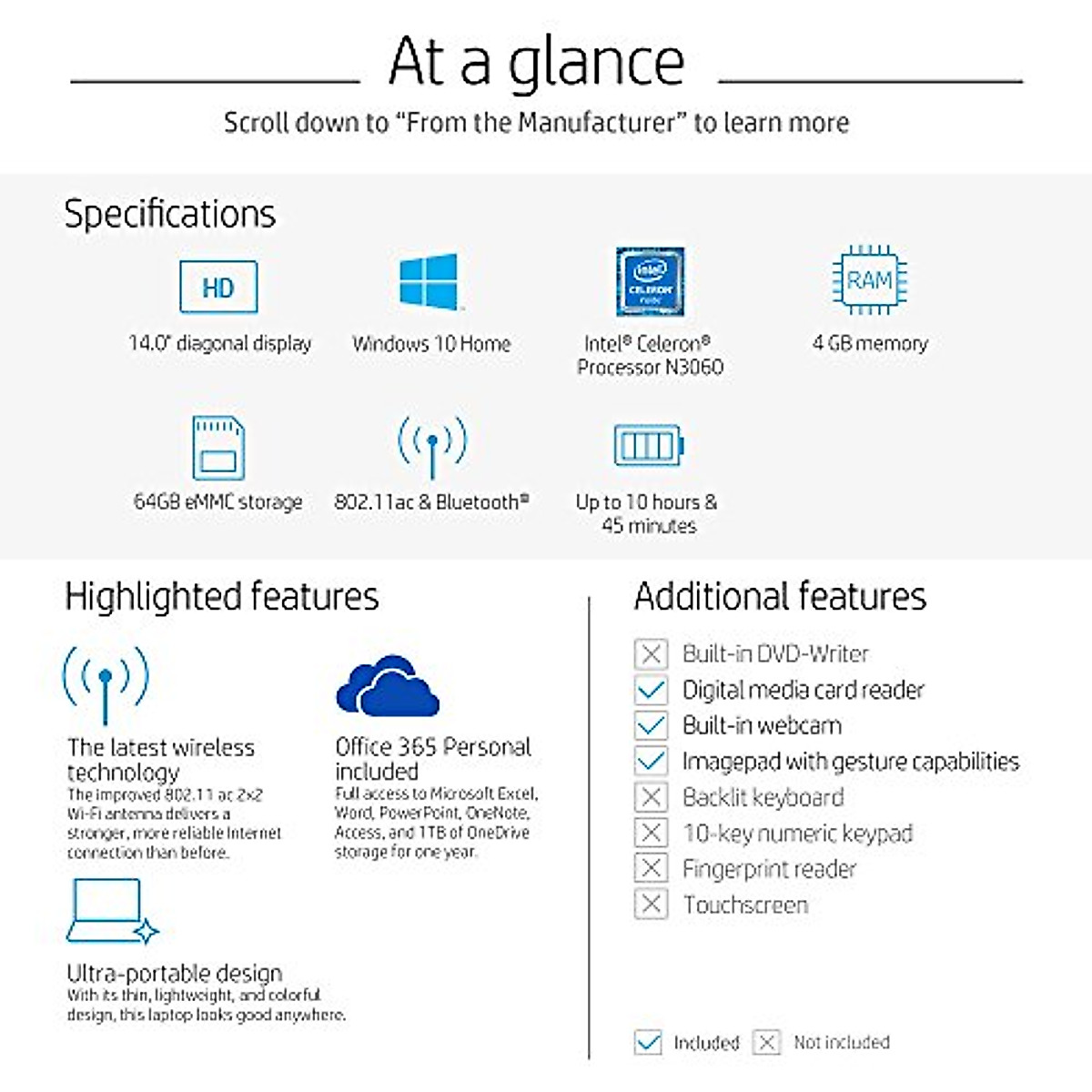 HP Model 2NV73UA#ABA 14" Stream 14-ax000 14-ax040nr LCD Notebook Intel Celeron N3060 Dual-core (2 Core) 4GB DDR3L SDRAM 64GB Flash Memory BrightView Aqua Blue