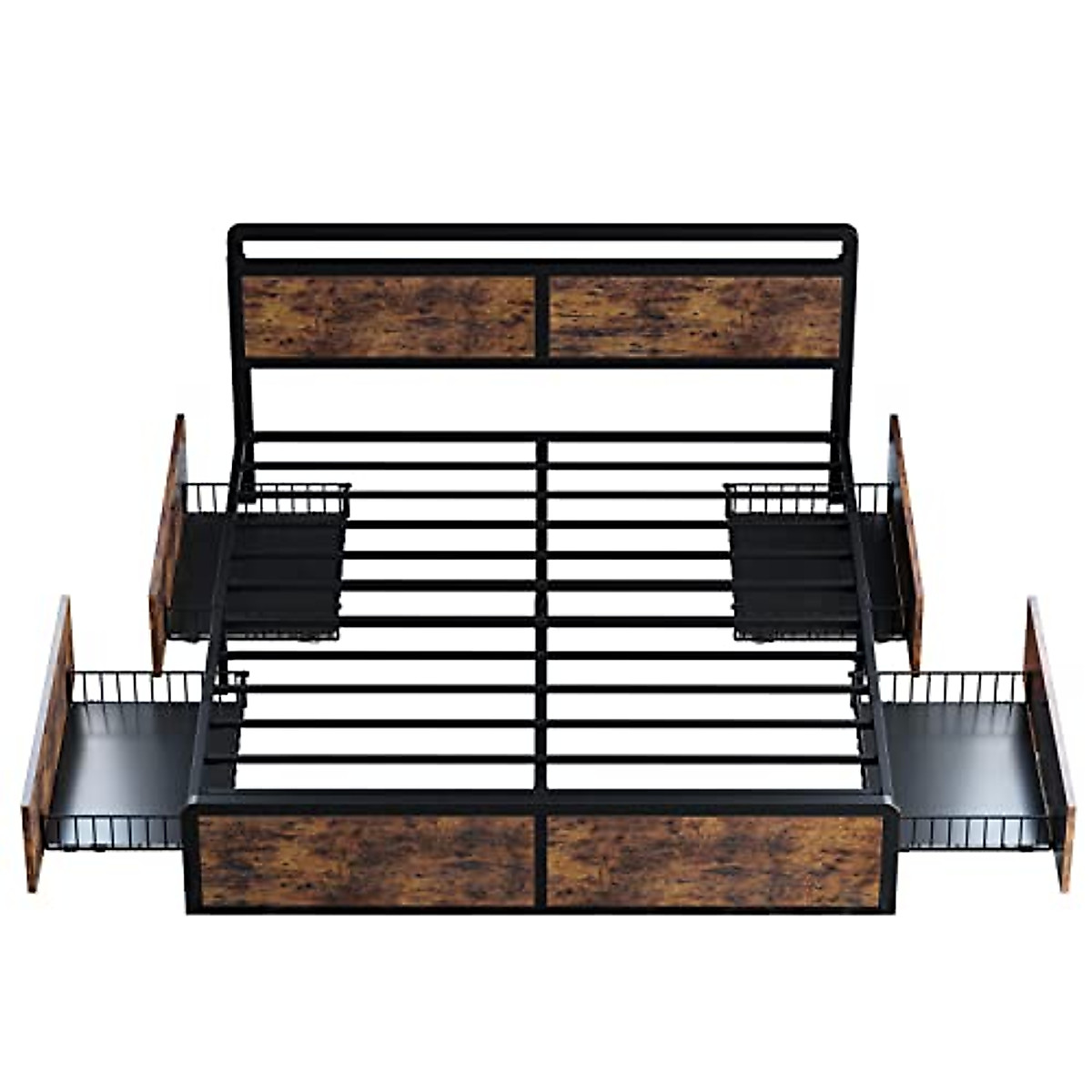 LIKIMIO Queen Bed Frame with Storage, Adjustable Headboard and 4 Drawers, Sturdy and Practical, No Noise, No Box Spring Needed, Easy Assembly, Vintage Brown