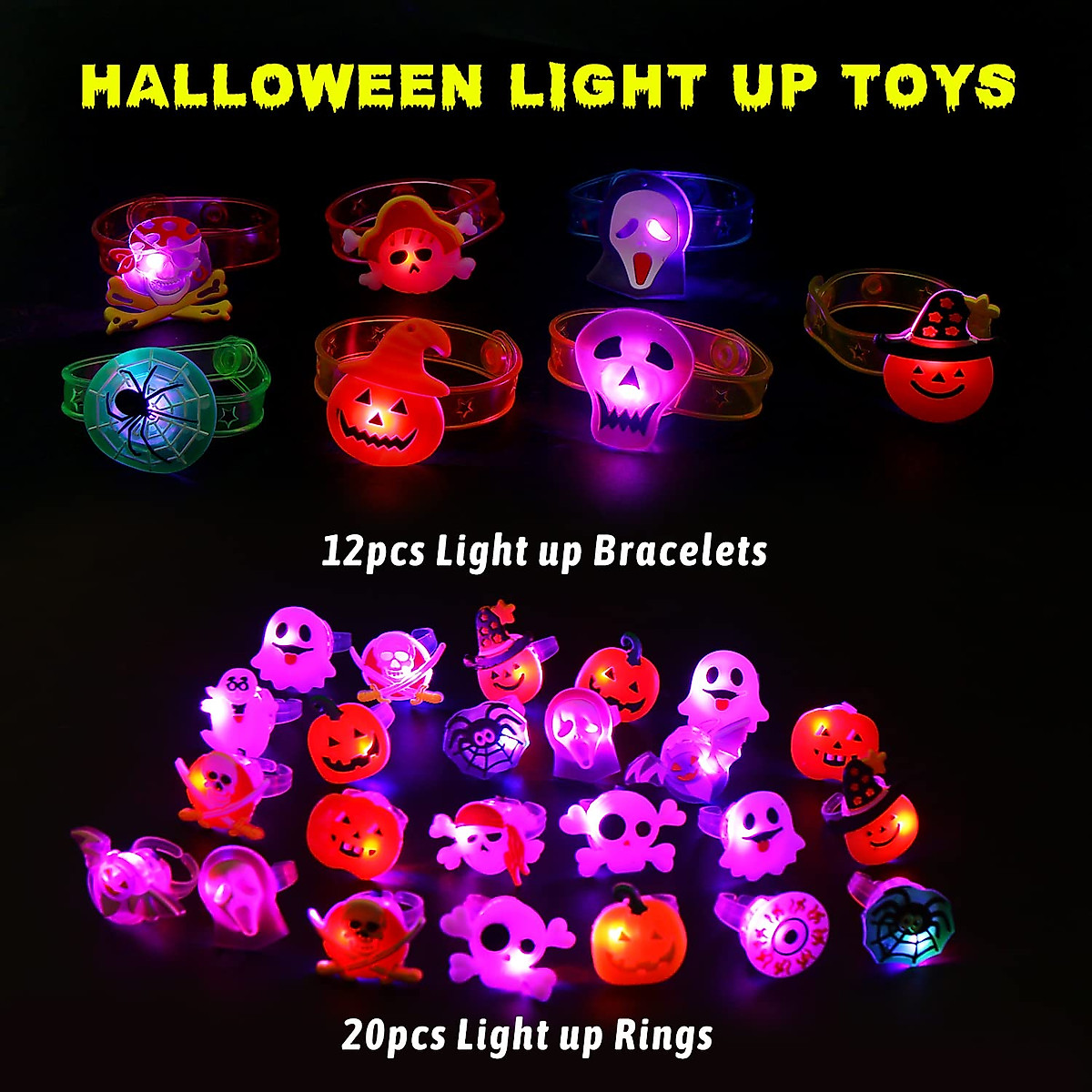 CCINEE Halloween Light up Party Favors Toys for kids, 32pcs 20 Rings+12 Bracelets LED Accessories Glow in the Dark Toys Rubber Ghost Pumpkin Skeleton for Halloween Party Supplies Decorations Gift
