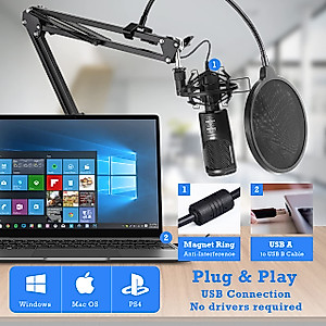 Lamoe USB Podcast Studio Condenser Mic, Recording Condenser Microphone kit with Boom Arm Sound Card 192KHZ/24Bit, Plug & Play Instrument Microphones for PC Karaoke YouTube Streaming Gaming-U188