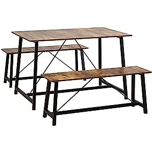 HOMCOM Industrial 3-Piece Dining Table Set, Rectangular Kitchen Table and Chairs for 4 People, Space-Saving Dinner Table with Two Benches, Rustic Brown