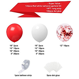 KBZVNAF Red White Balloons Garland Kit - 124Pcs Red White and Red Confetti Latex Balloons Arch for Wedding, Anniversary, Baby Shower, Birthday, Christmas Party Decorations