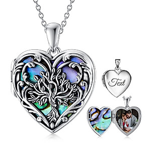 SOULMEET Personalized Silver Tree of Life Locket Abalone Shell Heart Locket Necklace That Holds Picture Custom Any Photo Letters Engraving (Custom Photo & Text)