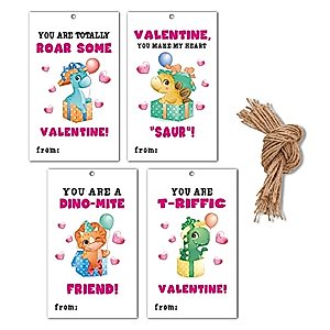 Valentine's Day Gift Tags, 40 Pcs Valentine Paper Tags with String, Dinosaur Themed Valentine Favor Tag for Kids, School Valentine Treat Tag, Valentine's Day Party Supplies Decorations(A02)
