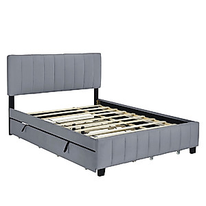 Harper & Bright Designs Queen Size Upholstered Bed with 1 Twin XL Trundle and 2 Storage Drawers, Velvet Platform Bed Wood Frame, No Box Spring Needed (Gray)