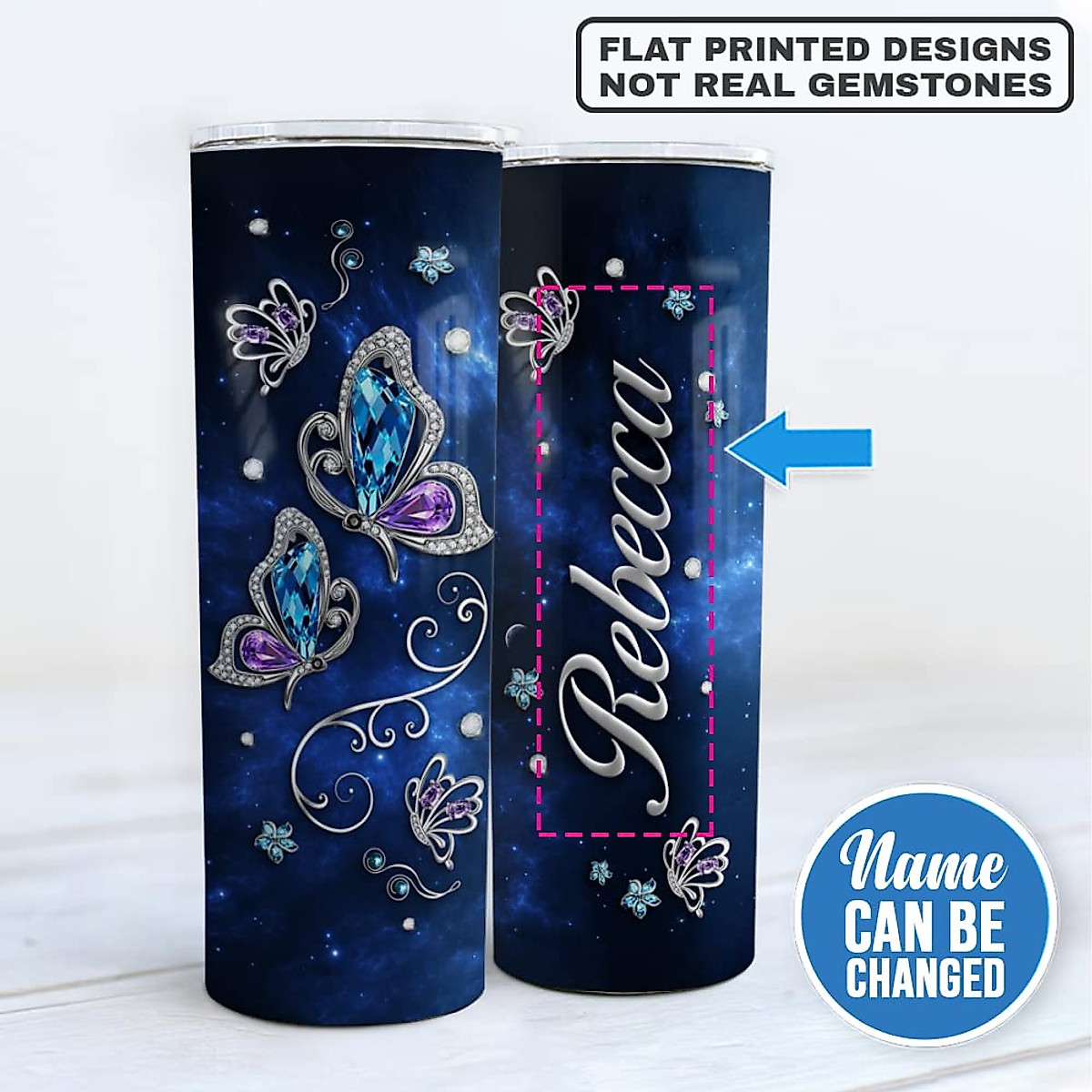 Wassmin Personalized Butterfly Skinny Tumbler Customized Stainless Steel Vacuum Insulated Tumbler With Lid 20 Oz Double Walled Insulated Coffee Cup for Gym Fitness Travel Office Use For Women