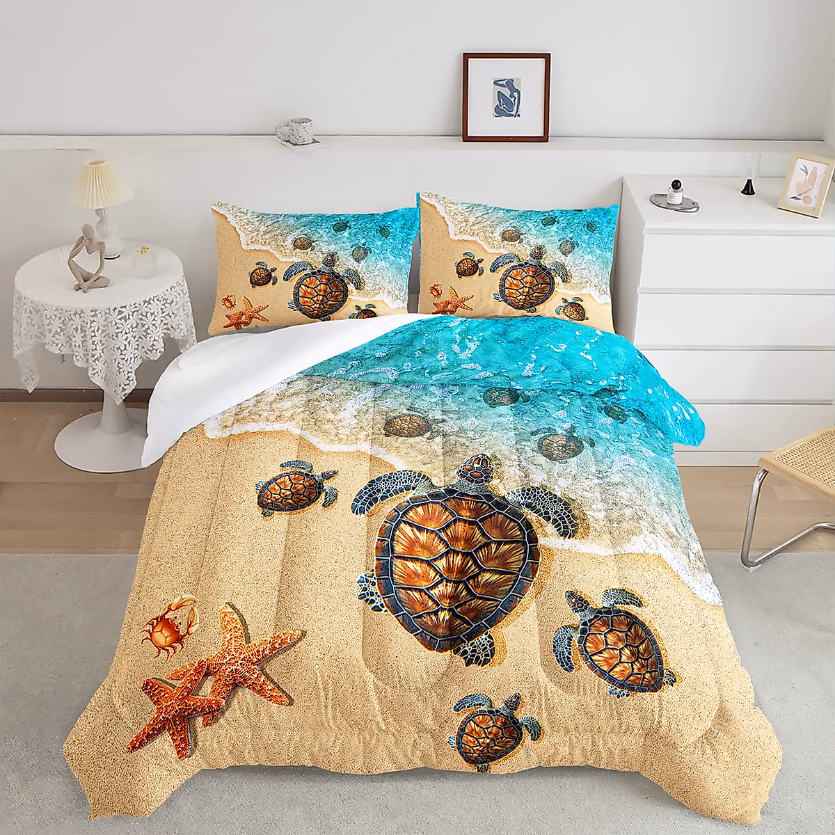 CVHouse Sea Turtle Comforter Set,Ocean Sea Turtle Bedding Set for Kids Teens,Beach Sea Turtle Comforter Sea Turtle Duvet Set Room Decor Quilt Set Twin Size