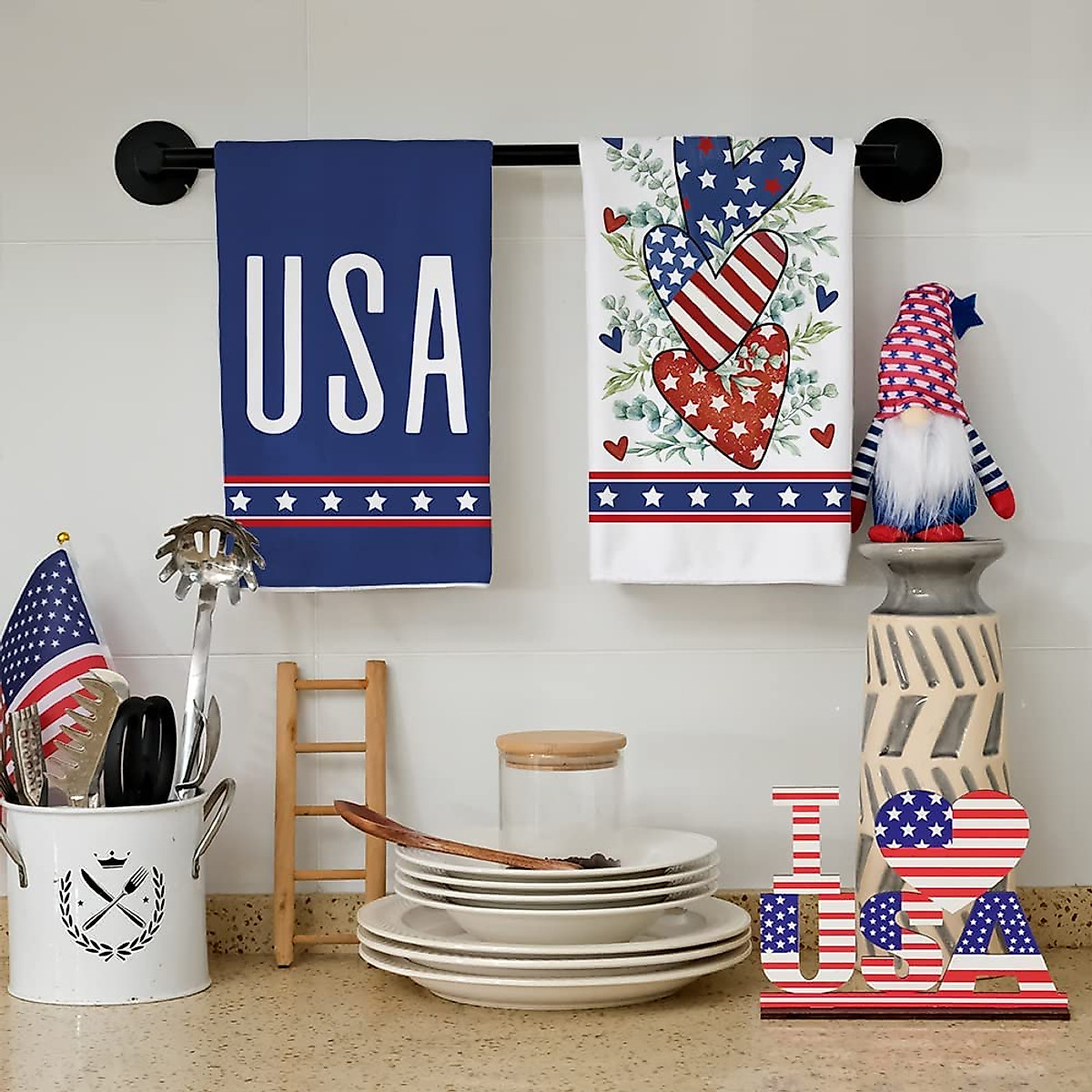 GEEORY 4th of July Kitchen Towels Love Heart USA Patriotic Dish Towels 18x26 Inch Ultra Absorbent Bar Drying Cloth Hand Towel for Kitchen Bathroom Party Home Decorations Set of 2