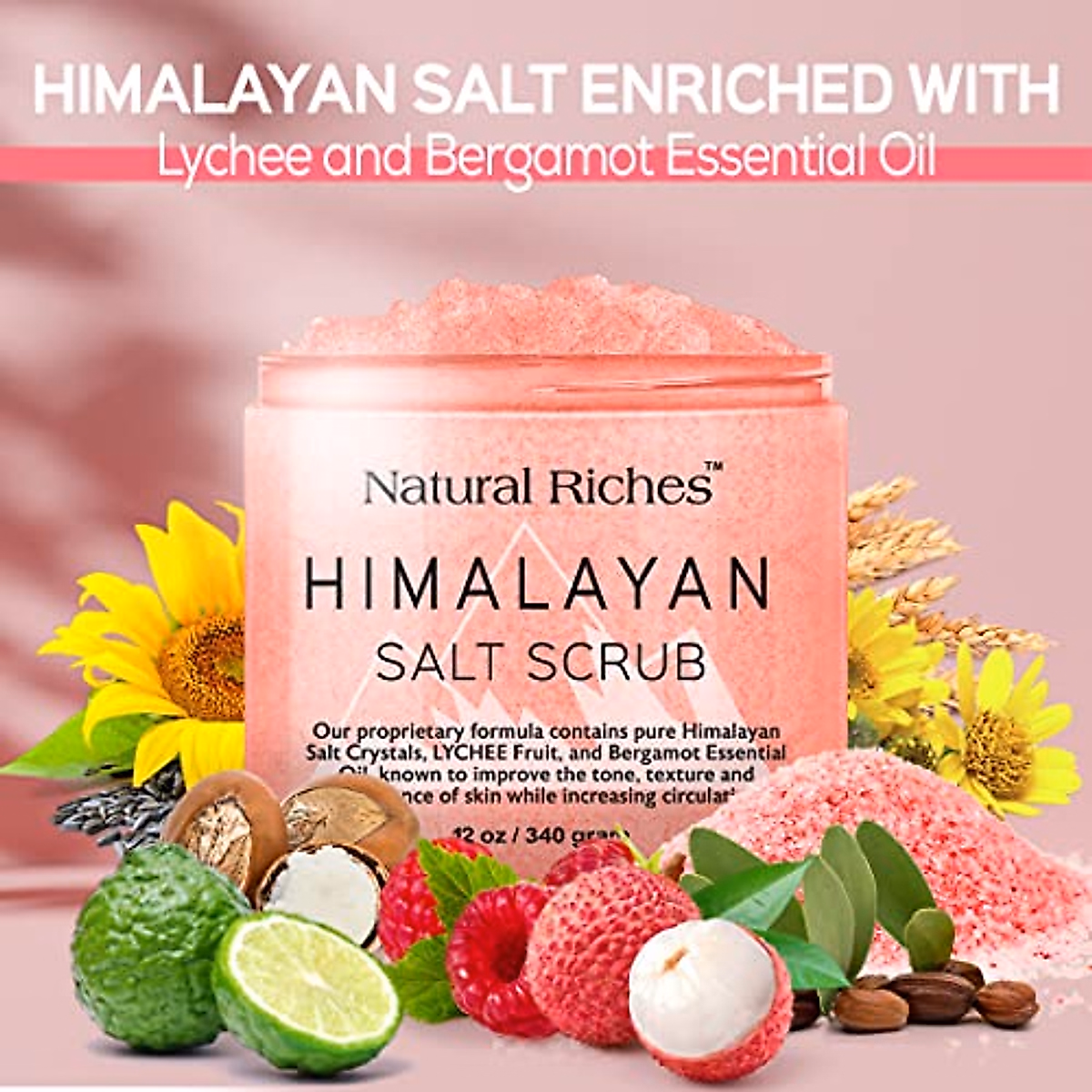 Natural Riches Himalayan Salt Exfoliating Body Scrub Lychee Bergamot Essential oil with Vitamin C - (12 Oz / 340 gm) Moisturize Deep Cleansing foot scrub body skin exfoliator