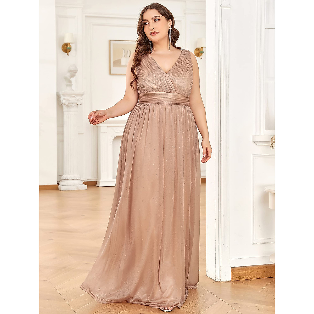 Ever-Pretty Womens Plus Size Ruched Bust Empire Waist Sparkle Stamping V-Neck Mother of The Bride Dress Gold US24