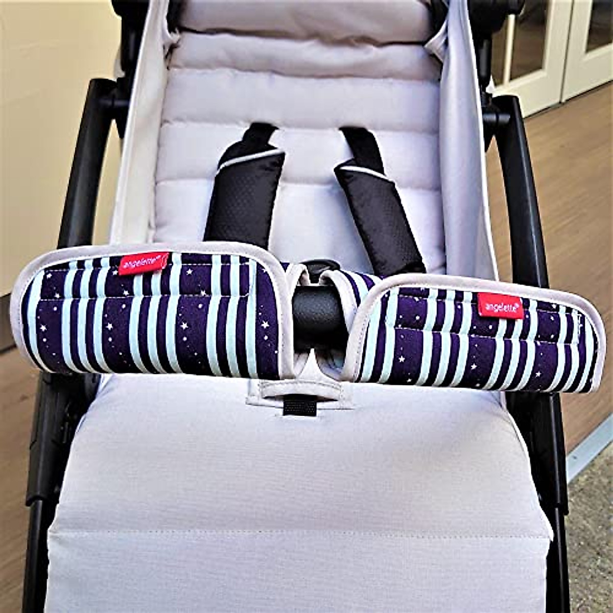 【angelette】Baby Carrier Reversible Sucking Pads/Car Seat Strap Covers/Stroller Belt Covers/Drool Pads/Teething Pads (Navy Stripe)