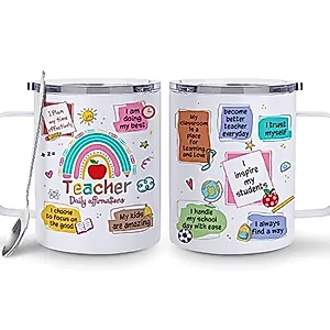 Hyturtle Teacher Appreciation Gifts for Women 12oz Stainless Steel Insulated Coffee Mug with Handle Sliding Lid And Spoon, Double Wall Vacuum Travel Mug Tumbler Cup
