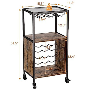 SZLHANJZ Wine Cart, Small Liquor Cart with Glass Holder, Rolling Side Table for Beverage Serving, Wood and Metal Bar Cart with Wine Rack for Home Bar, Kitchen, Living Room, Rustic Brown