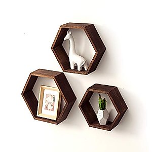 Coral Flower Rustic Wall Mounted Hexagonal Floating Shelves – Set of 3 – Large, Medium and Small – Screws and Anchors Included - Farmhouse Shelves for Bedroom, Living Room and More,Torched Grey