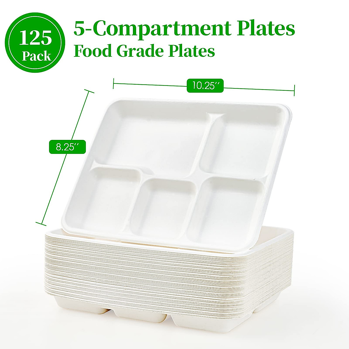 ECOLipak 100% Compostable 5 Compartment Plates, 125 Pack Disposable Paper Plates, Heavy-Duty Biodegradable Sugarcane Plates, Eco-Friendly School Lunch Trays