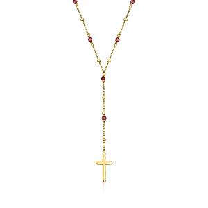 Ross-Simons 2.30 ct. t.w. Garnet Rosary Beads With Cross Necklace in 18kt Gold Over Sterling. 16 inches