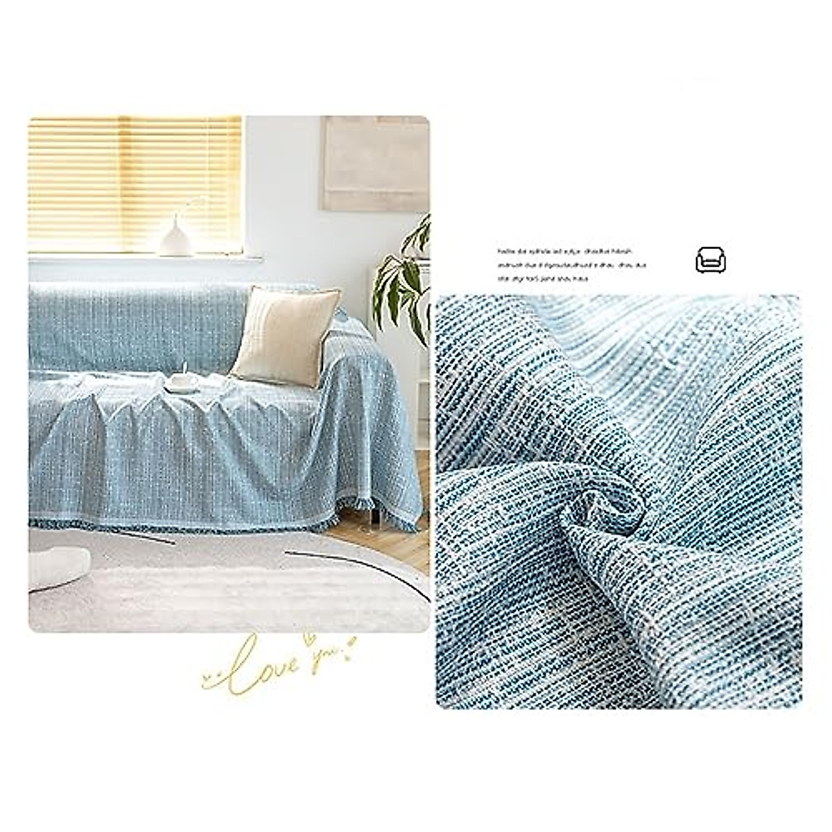 Homxi Couch Cover 4 Cushion Sectional,71" W x 134" L,Sofa Cover Solid Color with Tassels Couch Cover Cotton Linen Chaise Sofa Cover Blue