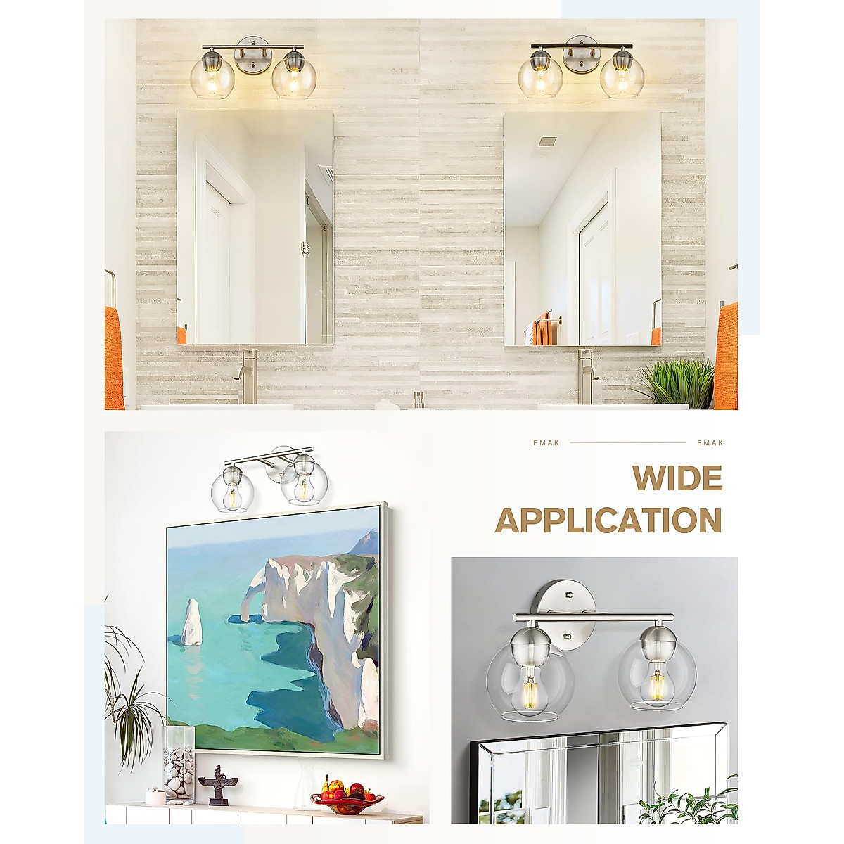 Emak Brushed Nickel Vanity Lights, 2-Light Bathroom Light Fixtures with Clear Glass Shade, Modern Globe Vanity Light for Bathroom, VL114-BN-2