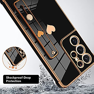 KANGHAR Designed for Samsung Galaxy S21 Ultra Case with Strap Luxury Love Heart Plating Gold Bumper Phone Cover Wristband Kickstand Full Body Protective Slim Case for Women - Black