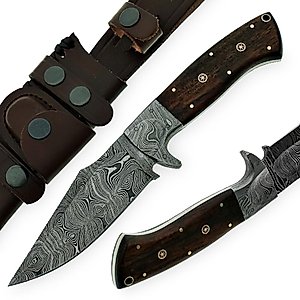 Damascus Steel Hunting Knife Fixed blade knife Damascus Bolster Walnut Wood Handle Mosaic Pin, Bush craft, Outdoor Camping, with Cowhide Leather Sheath – BW-4144