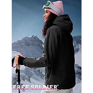 FREE SOLDIER Women's Waterproof Ski Snow Jacket Fleece Lined Warm Winter Rain Jacket with Hood Fully Taped Seams(Black,3XL)