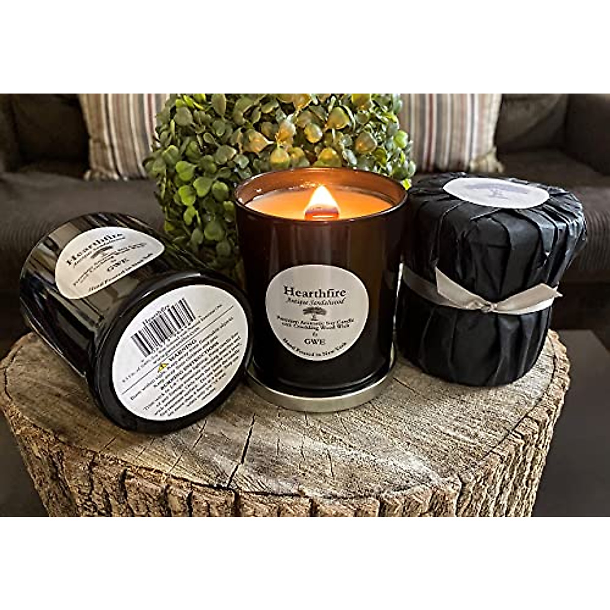 Hearthfire - Sandalwood Scented Soy Candle Infused w/Natural Oils w/ Wood Wick- Dark Sweet Creamy Aromatherapy - Hand Poured in The USA in Glossy Black Jar w/ Lid