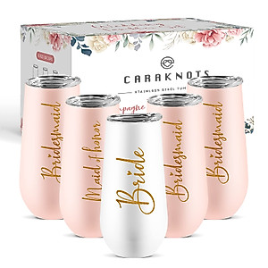 CARAKNOTS Bridesmaid Proposal Gifts Bridesmaid Cups Set of 5 Wedding Champagne Flutes for Bridal Shower Engagement Bachelorette Party Favor Maid of Honor Pink Stainless Steel Tumbler 6 oz