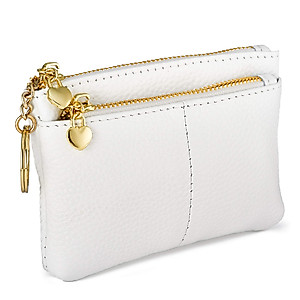 ZOOEASS Coin Purse Women Genuine Leather Zip Mini Purse With Key Ring Triple Zipper Card Holder Wallet (White)