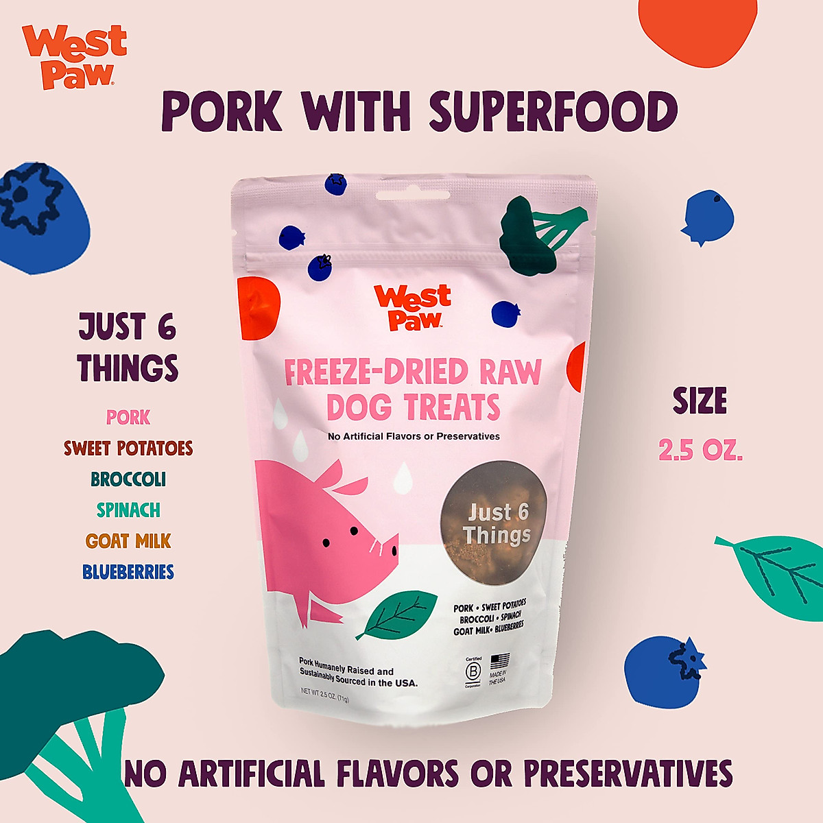 WEST PAW All-Natural Raw Freeze-Dried Dog Treats – Farm-Fresh Pork Training Treats for Dogs – Wholesome Canine Treat for Puppies, Adult Dogs & Senior Dogs, Pork with Superfood, 2.5 oz